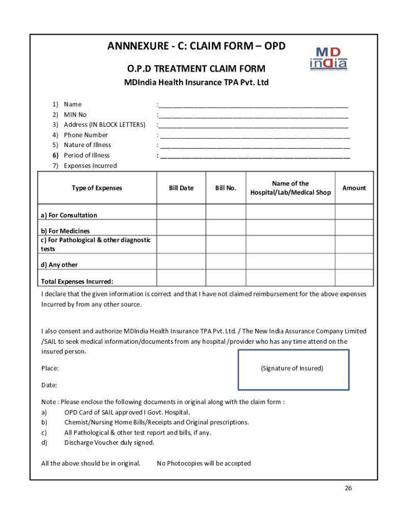 Fillable Online Annexure- C: Claim FormOPD - MDINDIA Fax Email Print ...