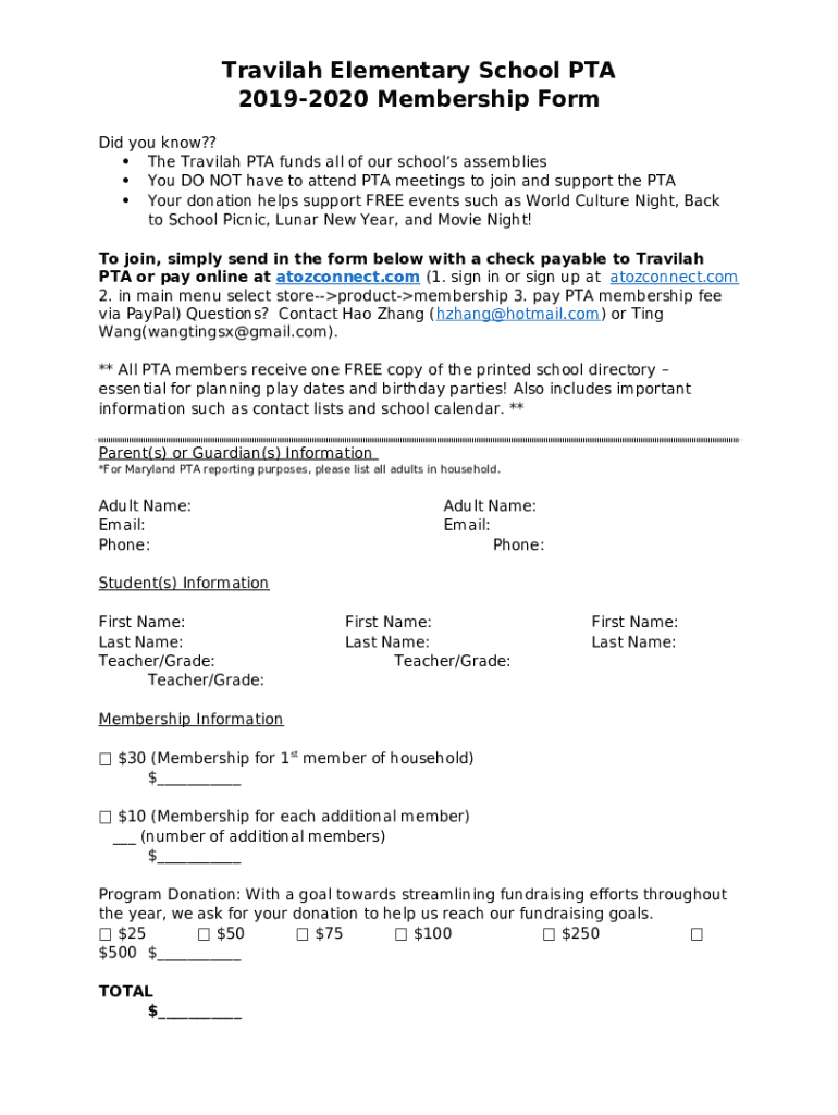 Travilah Elementary School PTA 2019-2020 Membership Doc Template ...
