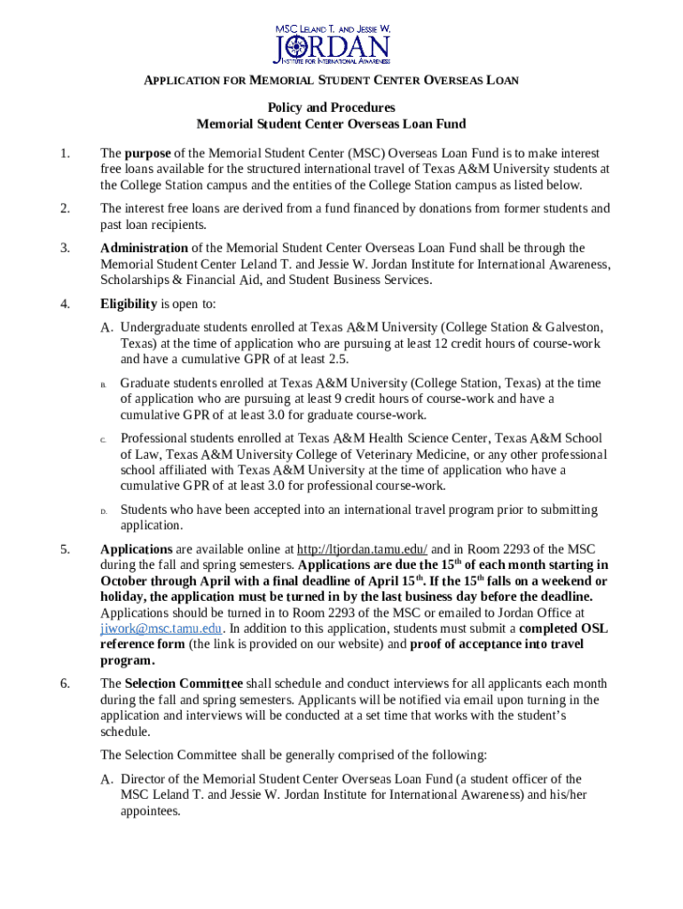 application for memorial student center overseas loan - ltjordan tamu Doc Template | pdfFiller