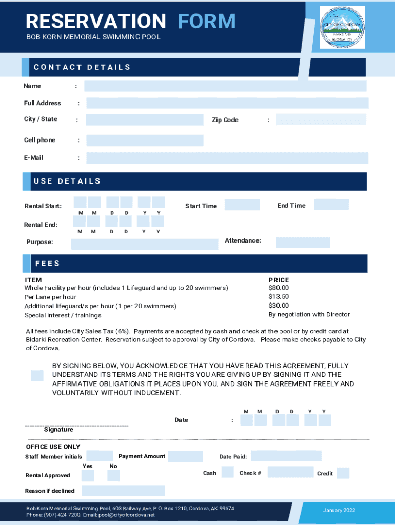 Fillable Online Bob Korn Memorial Swimming Pool Reservation Form 2022 ...