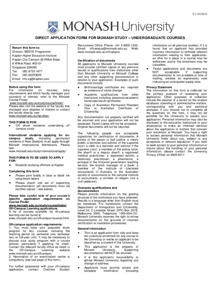 Fillable Online DIRECT APPLICATION FORM FOR MONASH STUDY Fax Email Print - pdfFiller
