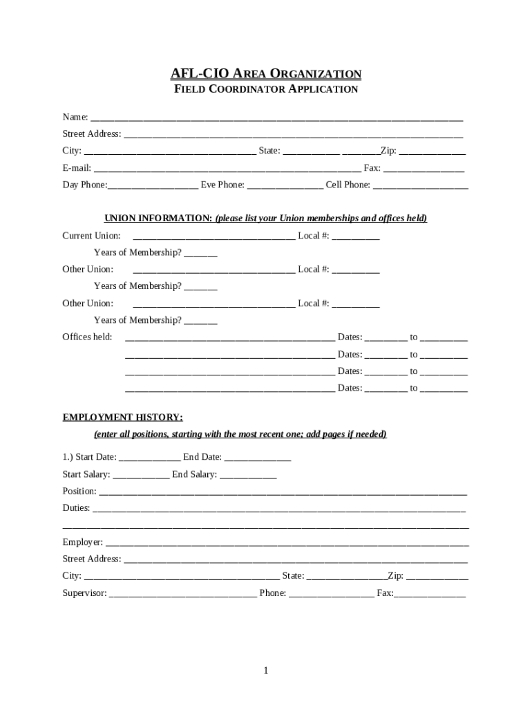 AFL-CIO Area Organization Field Coordinator Application Doc Template | pdfFiller