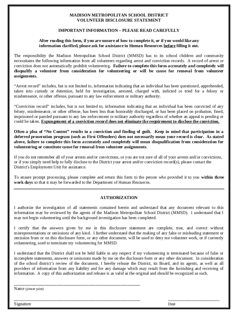 McFarland School District Volunteer Disclosure Electronic Doc Template ...