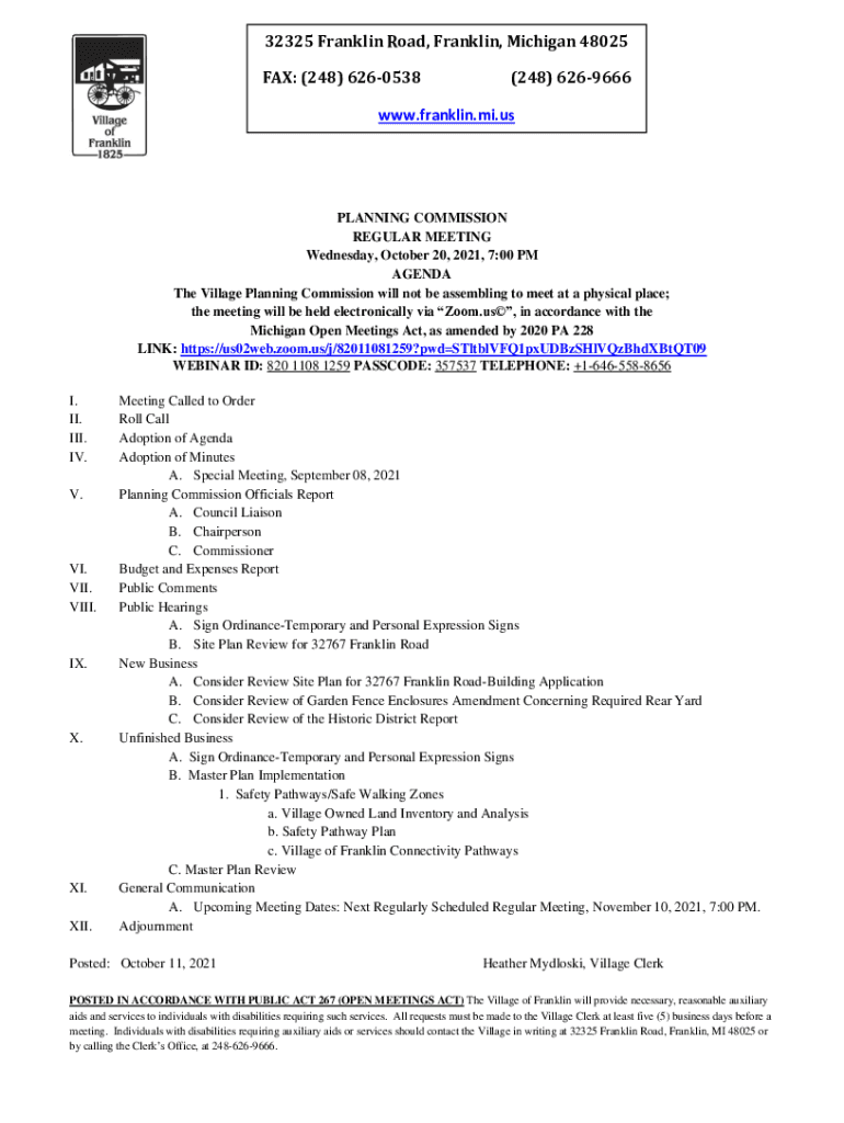 Fillable Online Planning Commission - Welcome to Franklin, MI Fax Email Print - pdfFiller