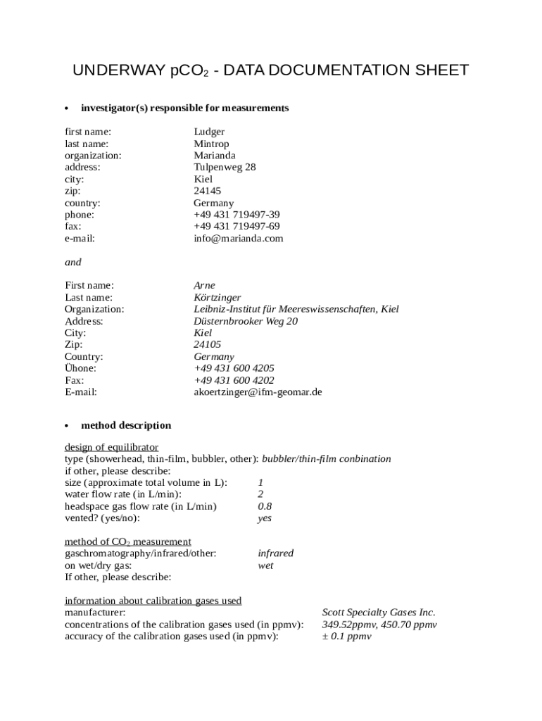 UNDERWAY pCO2 - DATA DOCUMENTATION SHEET Doc Template | pdfFiller