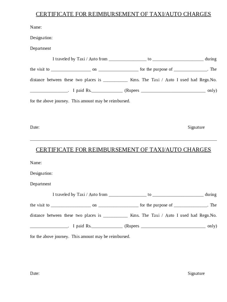 CERTIFICATE FOR REIMBURSEMENT OF TAXI/AUTO CHARGES Doc Template | pdfFiller
