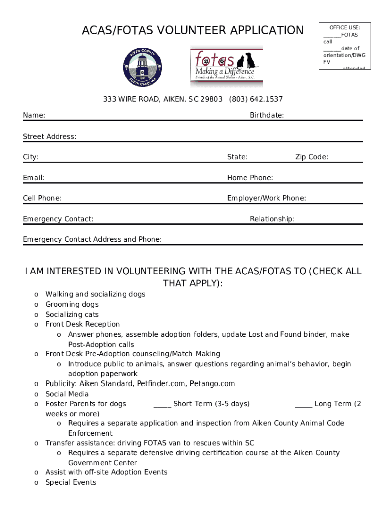 ACAS/FOTAS VOLUNTEER APPLICATION Doc Template | pdfFiller