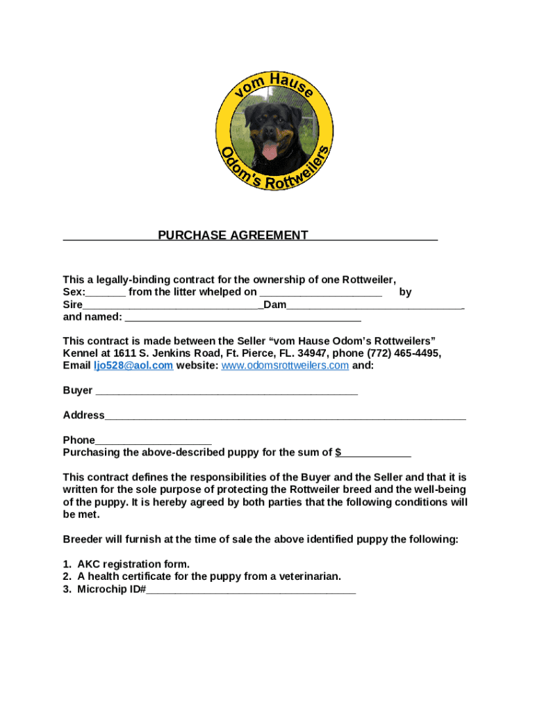 purchase agreement - vom Hause Odoms Rottweilers Doc Template | pdfFiller