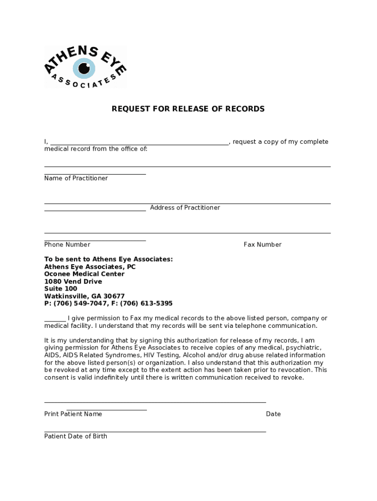 Medical Records Release - Athens Eye Associates Doc Template | pdfFiller