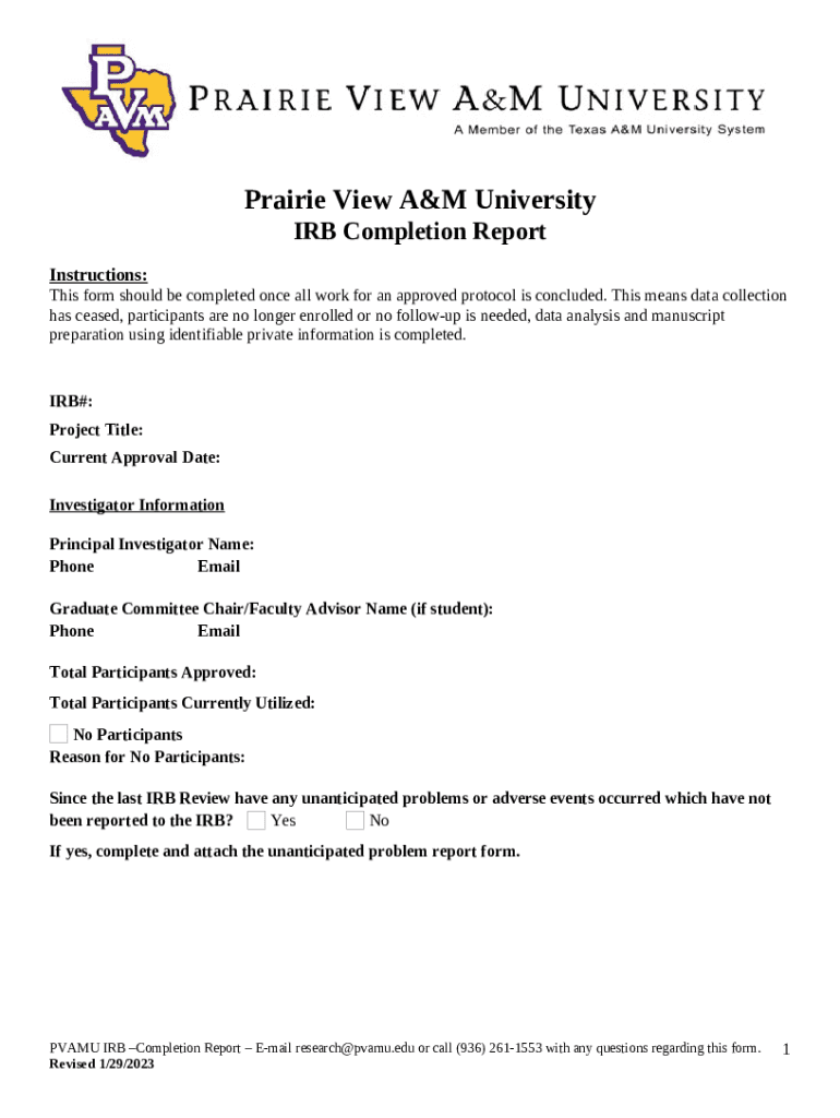 IRB Completion Report Doc Template | pdfFiller