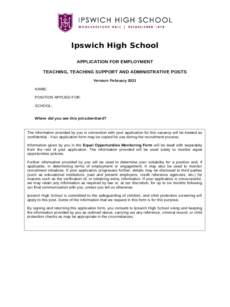 Application - Ipswich High School Doc Template | pdfFiller