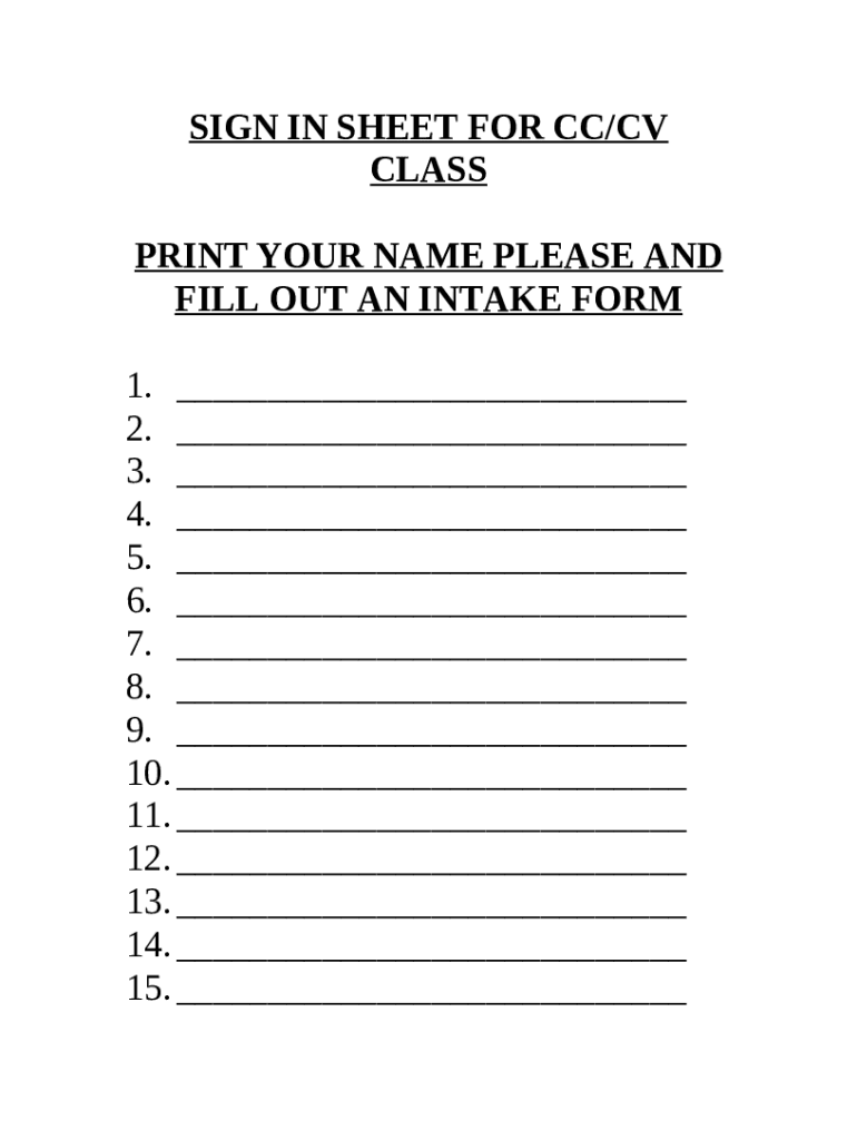 SIGN IN SHEET FOR CC/CV CLASS Doc Template | pdfFiller
