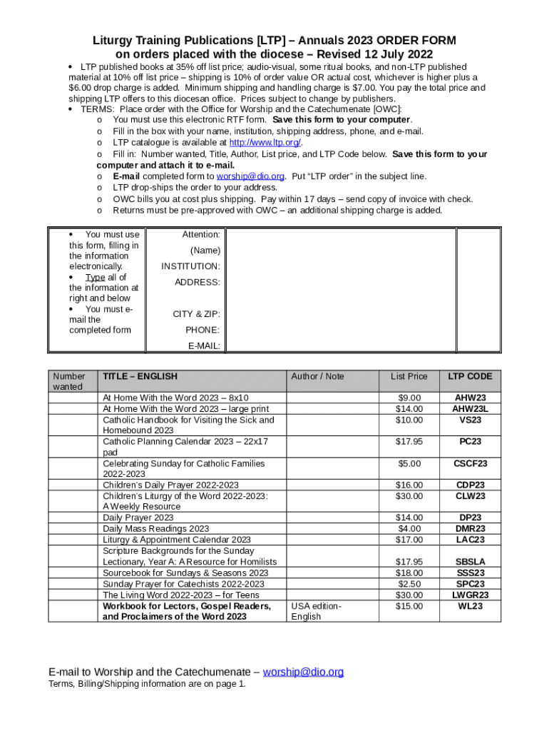 2022-2023 Order for Publications from Liturgy Training ... Doc Template ...