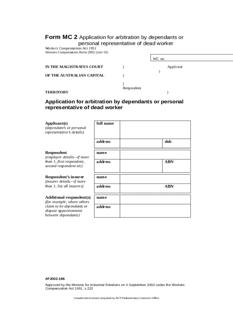 MC 2 Application for arbitration by dependants or ... Doc Template | pdfFiller