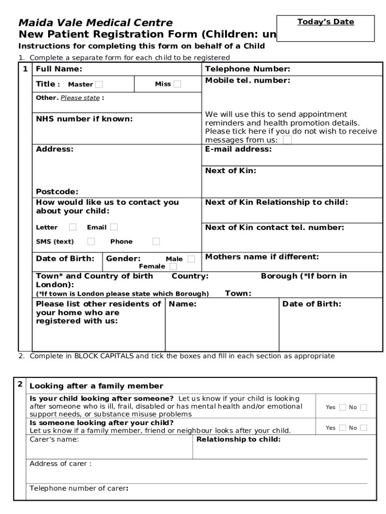 Children under 16 New Patient Registration Doc Template | pdfFiller