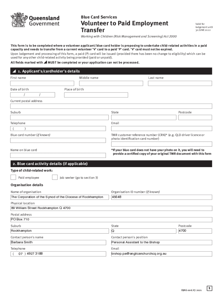Fillable Online anglicanchurchcq org Blue Card Application and request ...