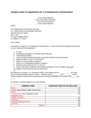 Sample Letter of Application for J-2 Employment Authorization Doc Template | pdfFiller