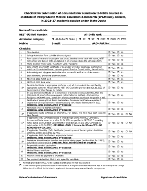 Fillable Online Checklist for submission of documents for admission to MBBS ... Fax Email Print ...