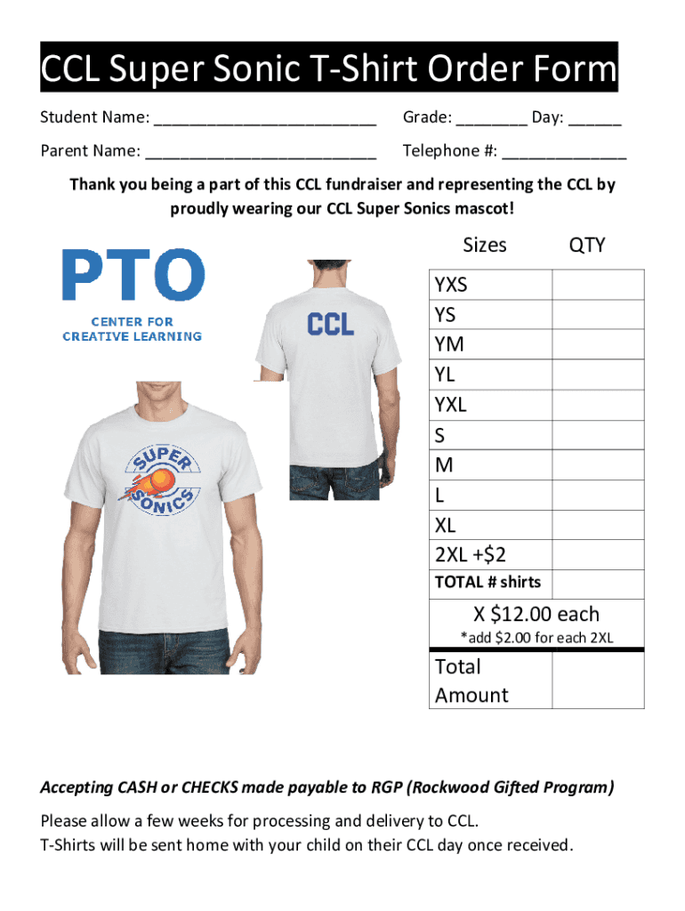 Fillable Online CCL Super Sonic T-Shirt Order Form Fax Email Print - pdfFiller