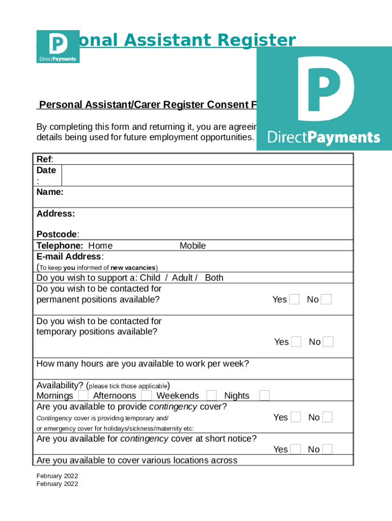 Personal Assistant/Carer Consent Doc Template | pdfFiller