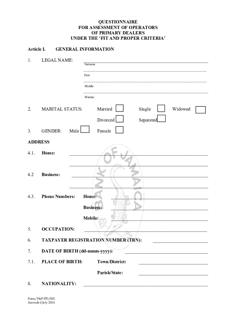 Fillable Online questionnaire - Bank of Jamaica Fax Email Print - pdfFiller