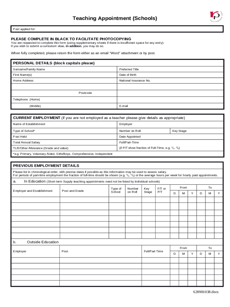 Application - Teaching - Sandringham School Doc Template | pdfFiller
