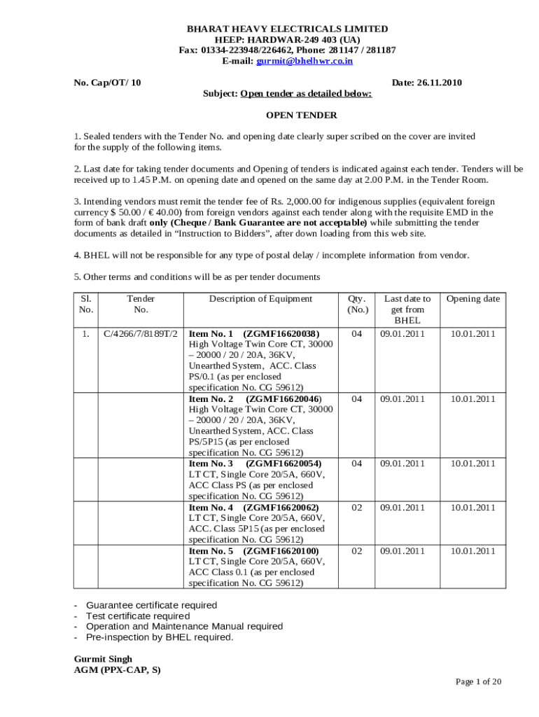 open tender - Bharat Heavy Electricals Ltd. - Studylib Doc Template | pdfFiller