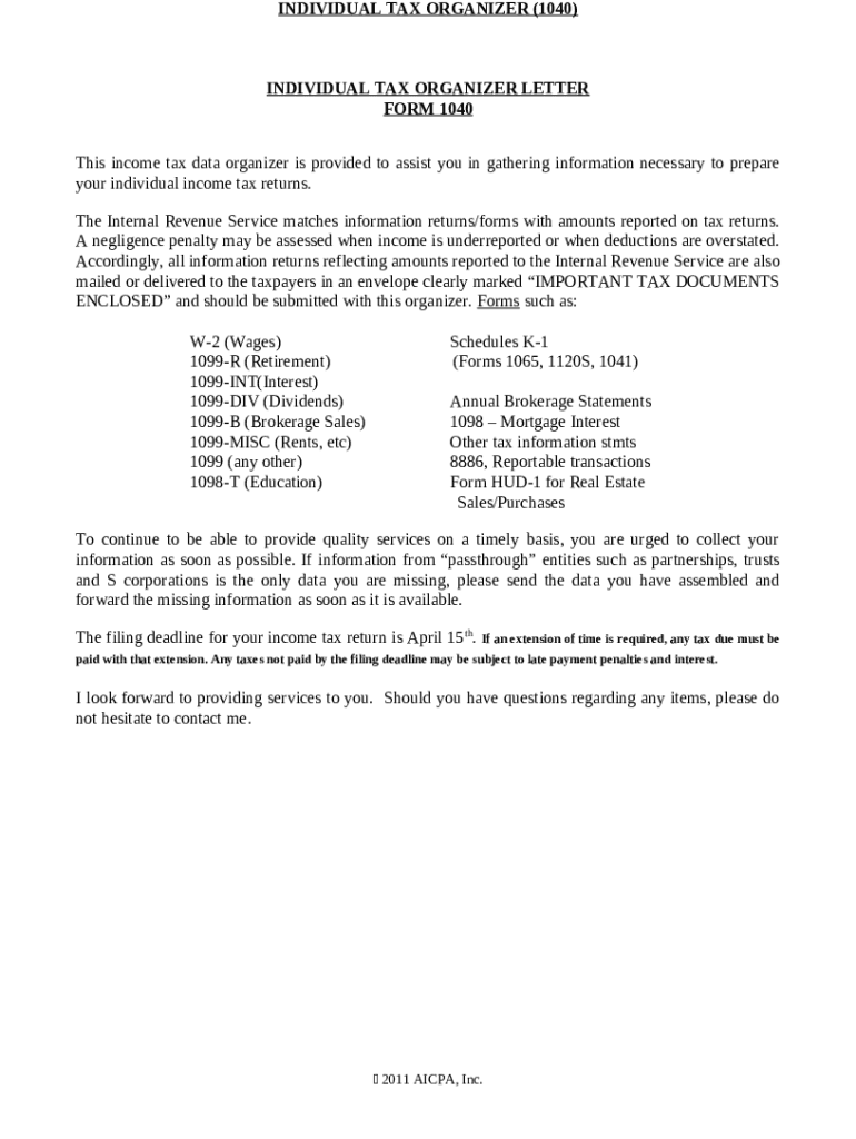 Individual Tax Organizer 1040 - BRIAN OLSON, EA Doc Template | pdfFiller