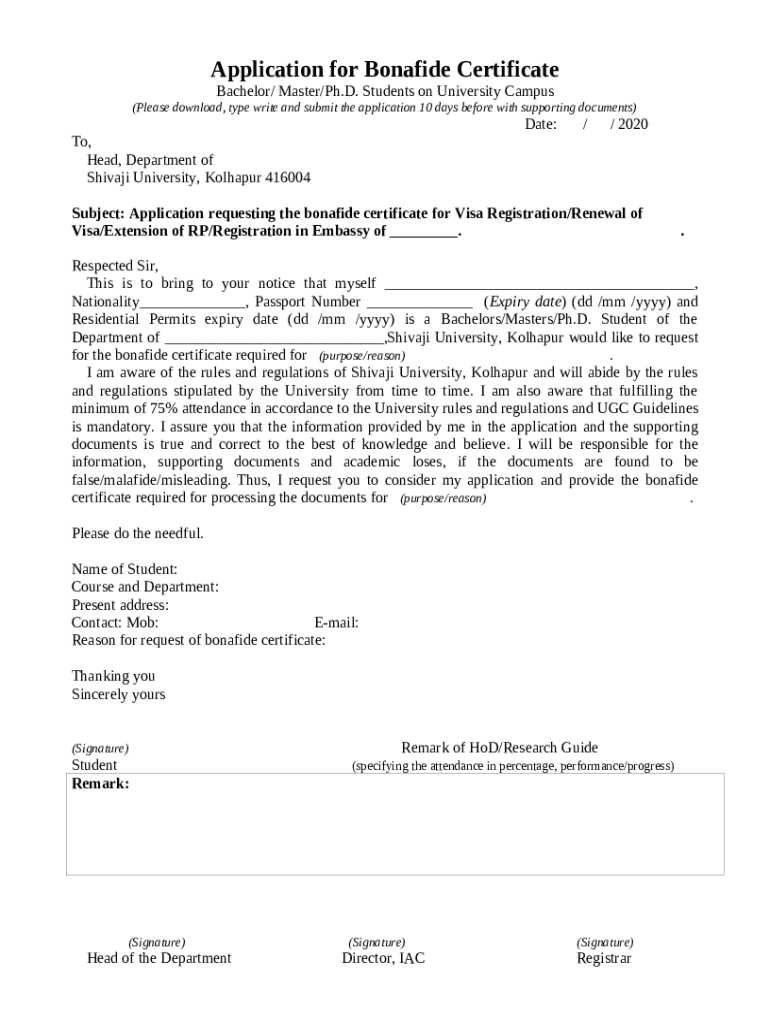Application for Bonafide Certificate - Shivaji University Doc Template ...
