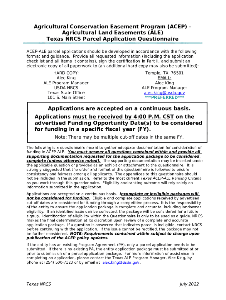 ACEP-ALE Parcel Application Questionnaire Doc Template | pdfFiller
