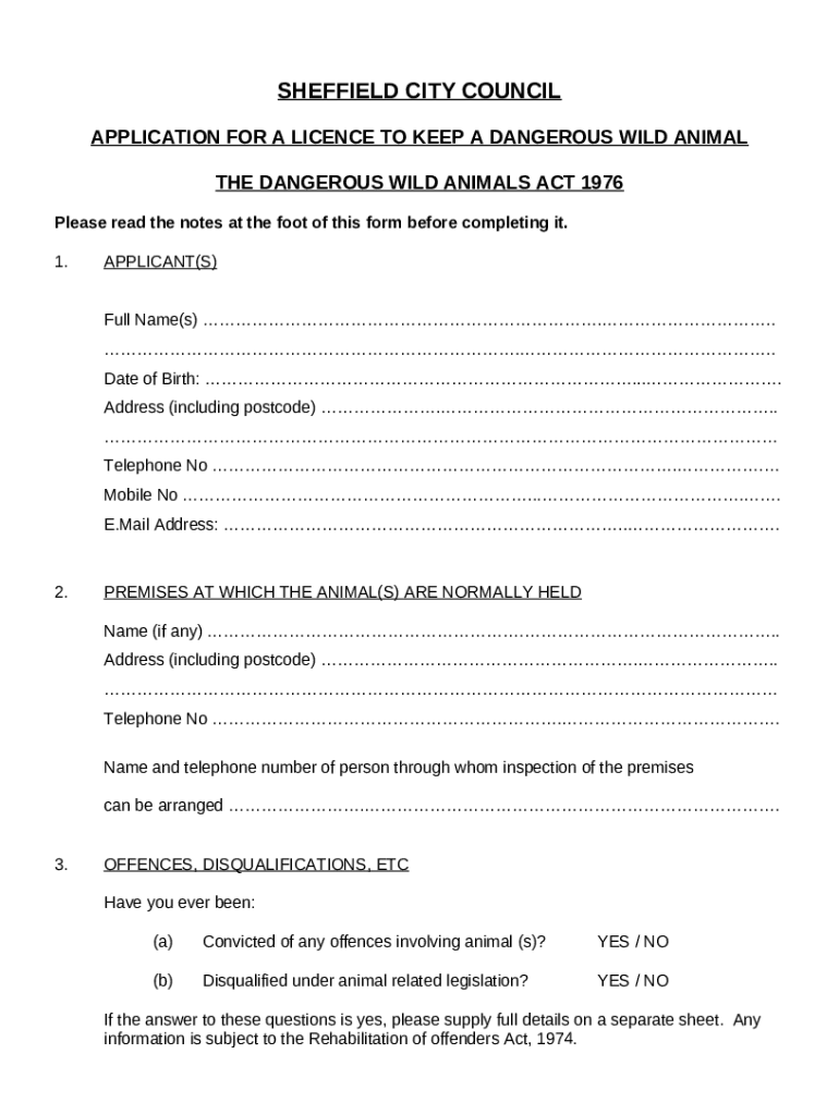 Dangerous wild animal licence application Doc Template | pdfFiller