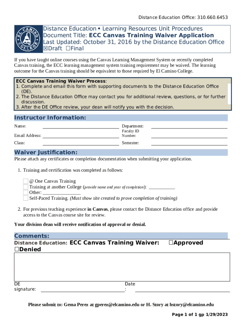 ECC Canvas Training Waiver Application Last Updated: O Doc Template ...