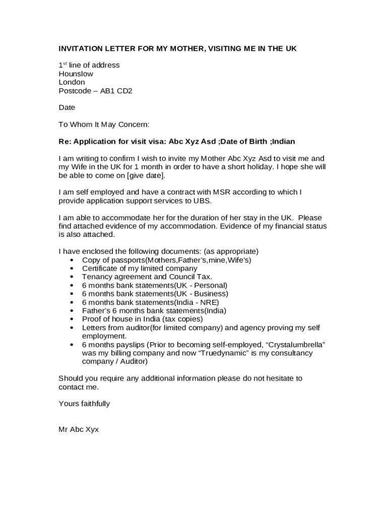 SAMPLE LETTER OF INVITATION FOR FRIENDS/FAMILY VISITING YOU IN THE UK ...