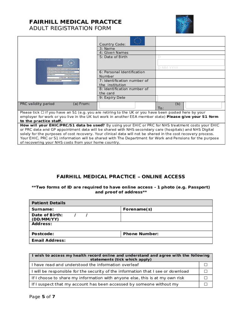 Registration - FAIRHILL MEDICAL PRACTICE Doc Template | pdfFiller