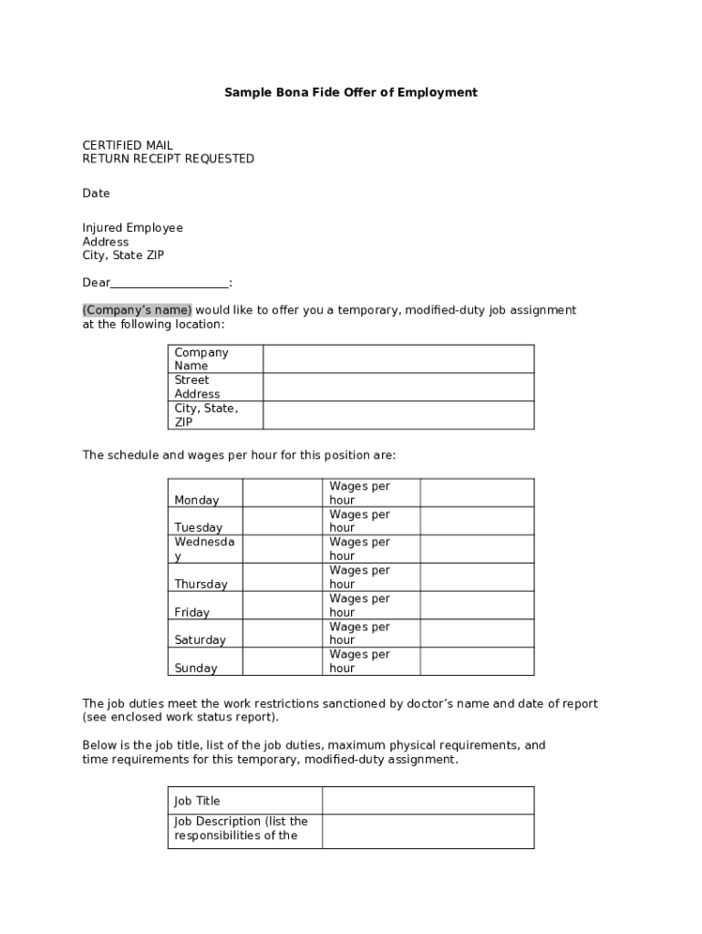 Bona Fide Offer of Employment - Blank Fillable Template | Fill Out ...