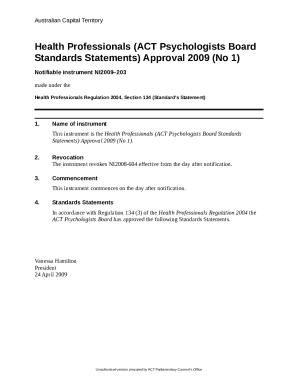 Psychs Standards Statements - ACT Legislation Register Doc Template | pdfFiller