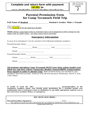 STANDARD FIELD TRIP PERMISSION - Amazon S3 Doc Template | pdfFiller