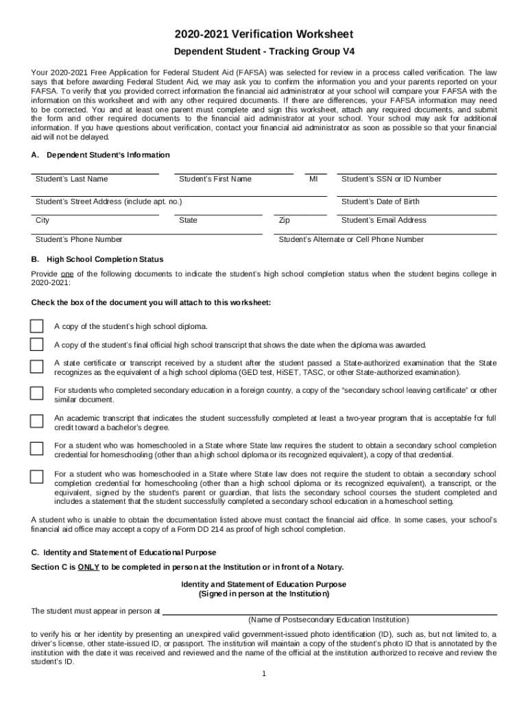 20202021 Verification Worksheet Dependent Student Tracking ... Doc Template | pdfFiller