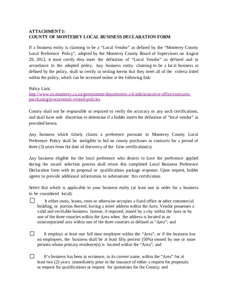 Attachment ILocal Business Declaration Doc Template | pdfFiller