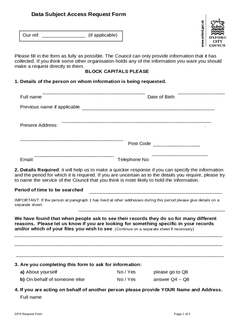 Oxford City DP SAR . Request for Details of Personal Ination Doc Template | pdfFiller