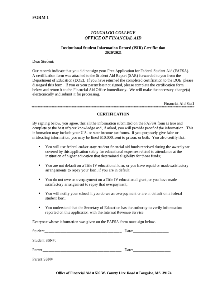 1 TOUGALOO COLLEGE OFFICE OF FINANCIAL AID Doc Template | pdfFiller