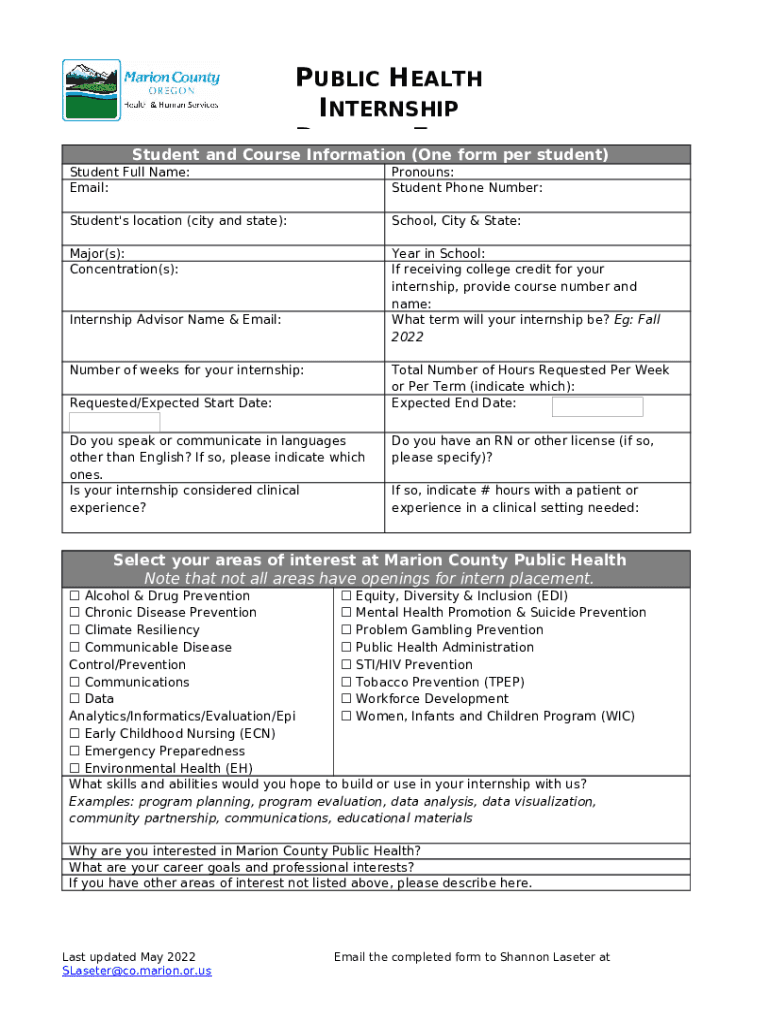 Public Health Internship Request - Marion County Oregon Doc Template | pdfFiller