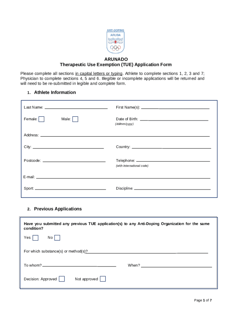 Therapeutic Use Exemption (TUE) Application Doc Template | pdfFiller