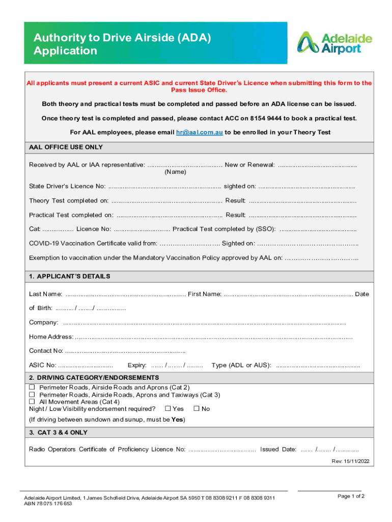 Fillable Online Authority to Drive Airside (ADA) - APPLICATION FORM Fax ...