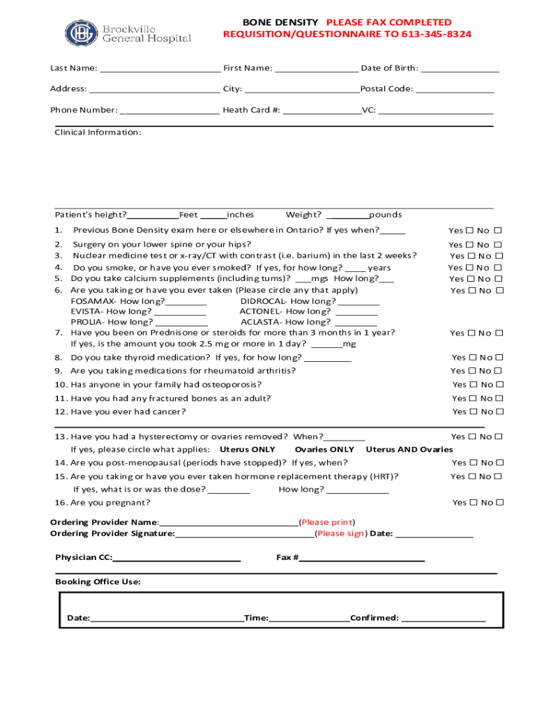 Fillable Online bone density please fax completed - Brockville General Hospital Fax Email Print ...