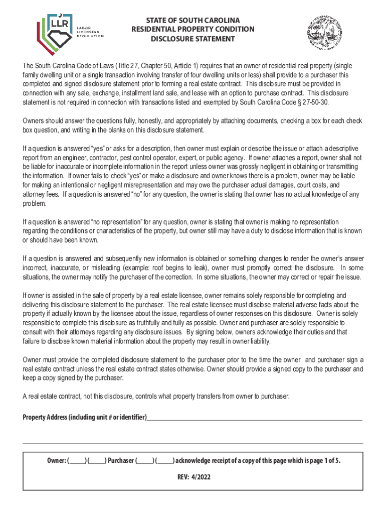 Fillable Online llr sc South-Carolina-Residential-Property-Condition ...