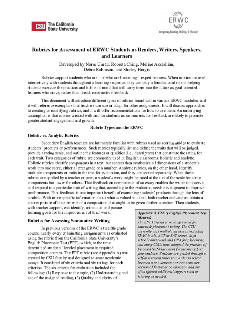 Fillable Online Rubrics for Assessment of ERWC Students as Readers.docx Fax Email Print - pdfFiller