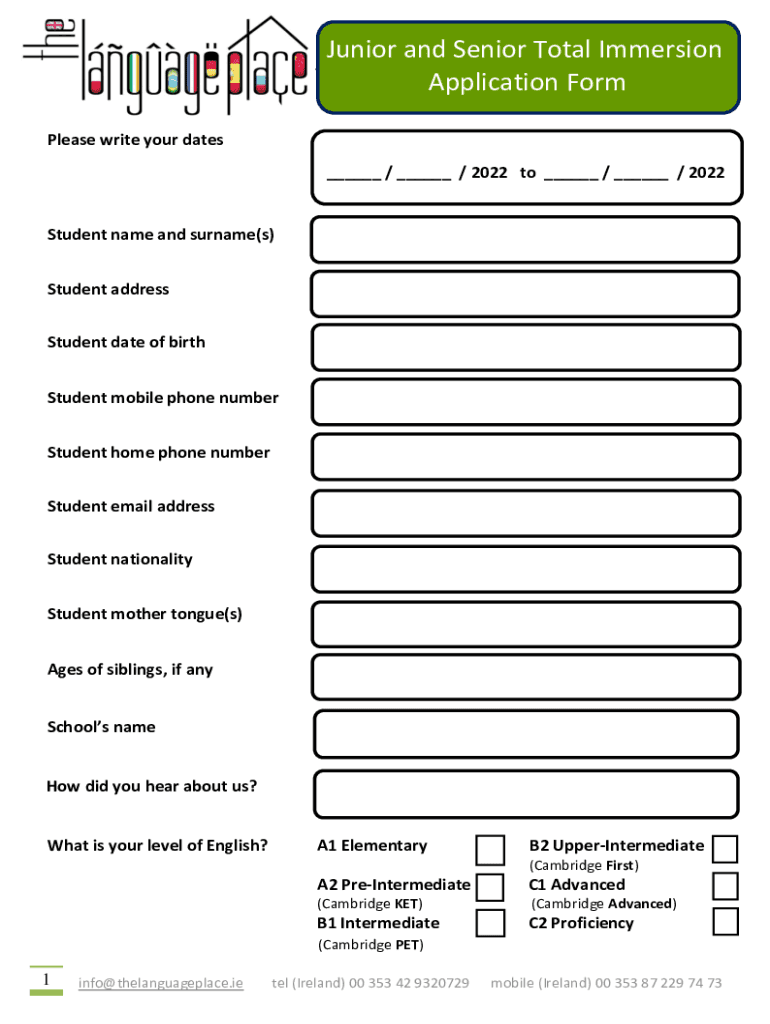 Fillable Online Junior and Senior Total Immersion Application Form Fax ...