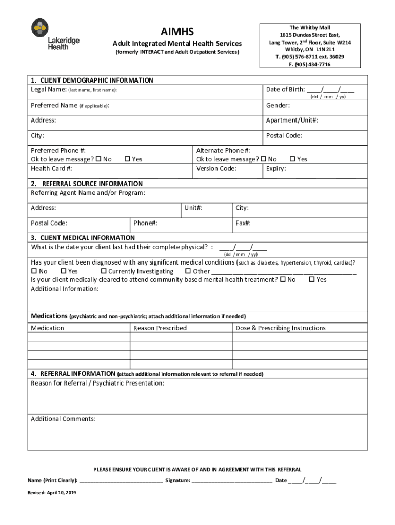 Fillable Online Oshawa - AIMS (Adult Integrated Mental Health Services ...