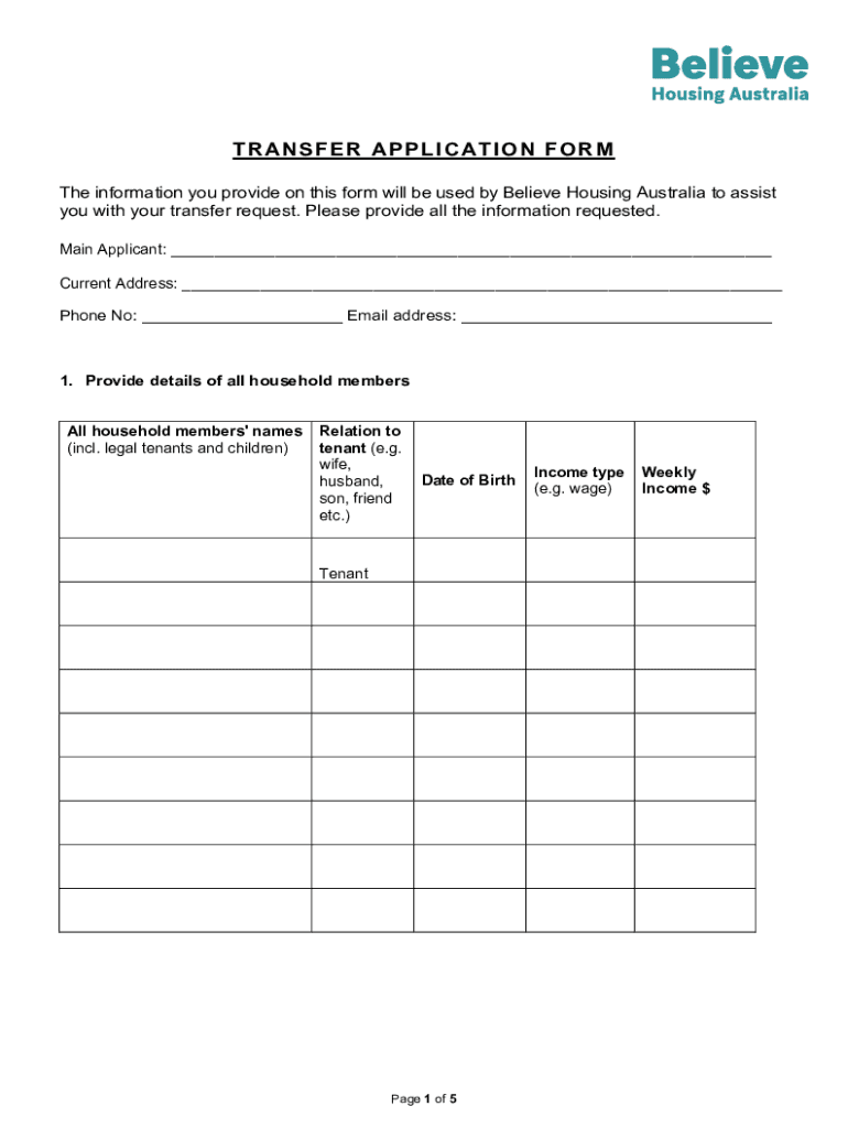 Fillable Online Transfer Application Form - Believe Housing Australia ...